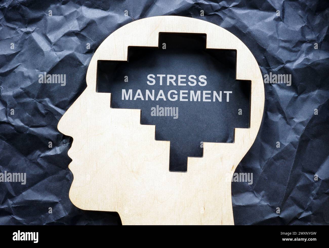 Outline of a head on crumpled paper and inscription stress management ...