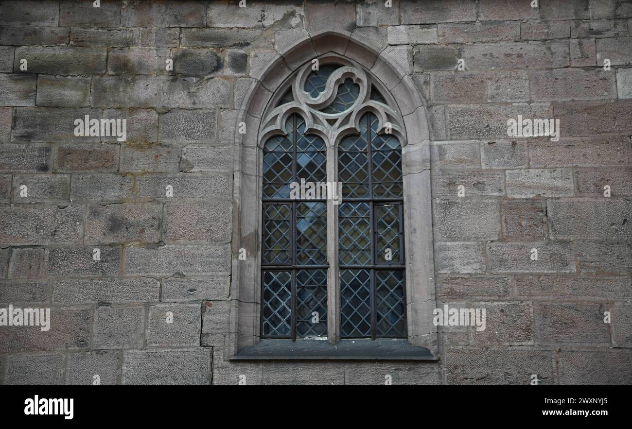 Lancet window on the exterior of the Romanesque Gothic style Église ...