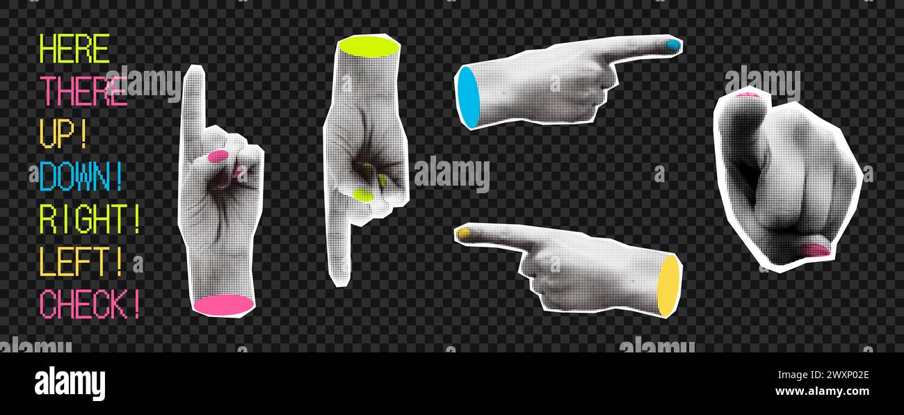 Collage element pointing hands and pixel text vector illustration Stock ...