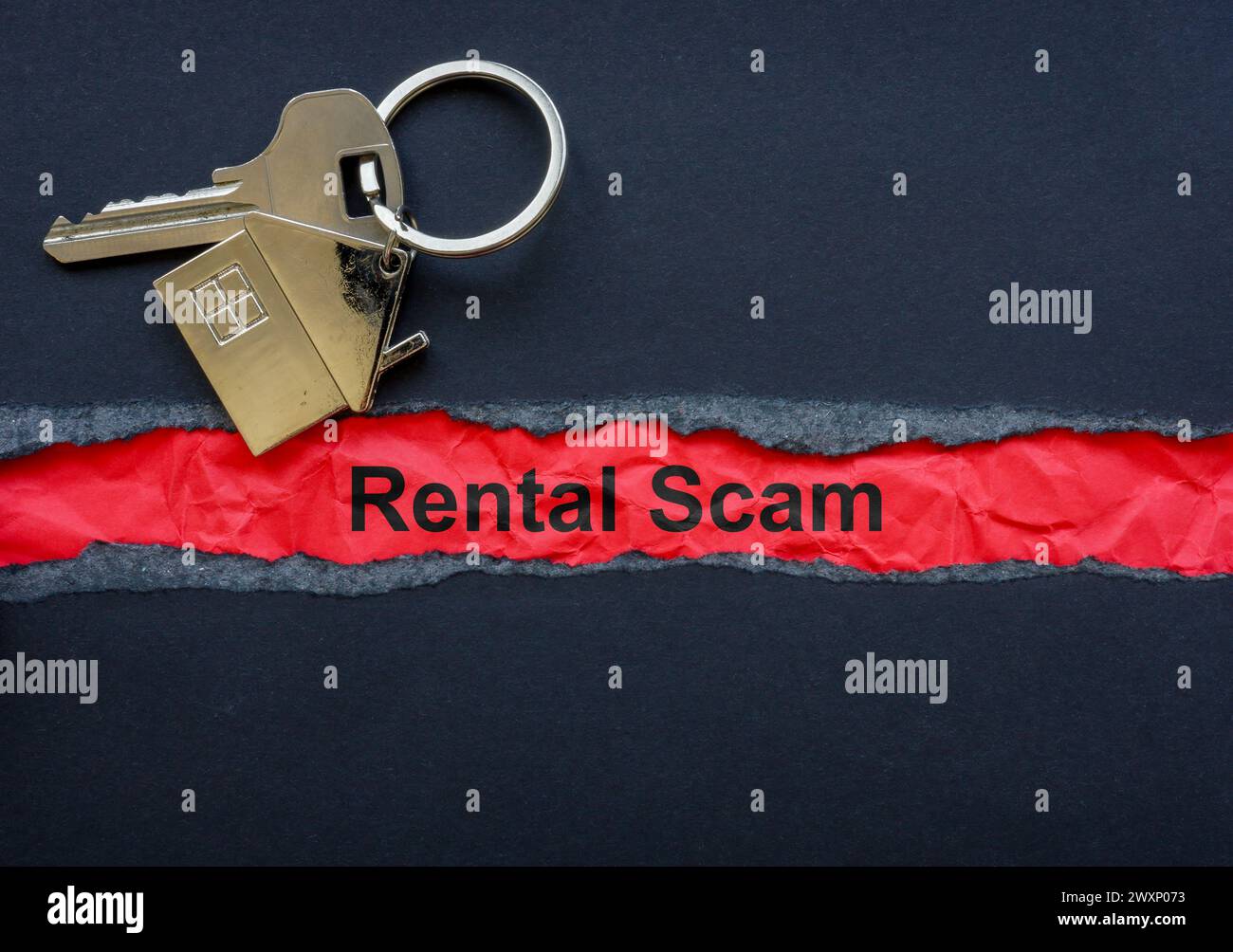 Key, torn paper and inscription rental scam Stock Photo - Alamy