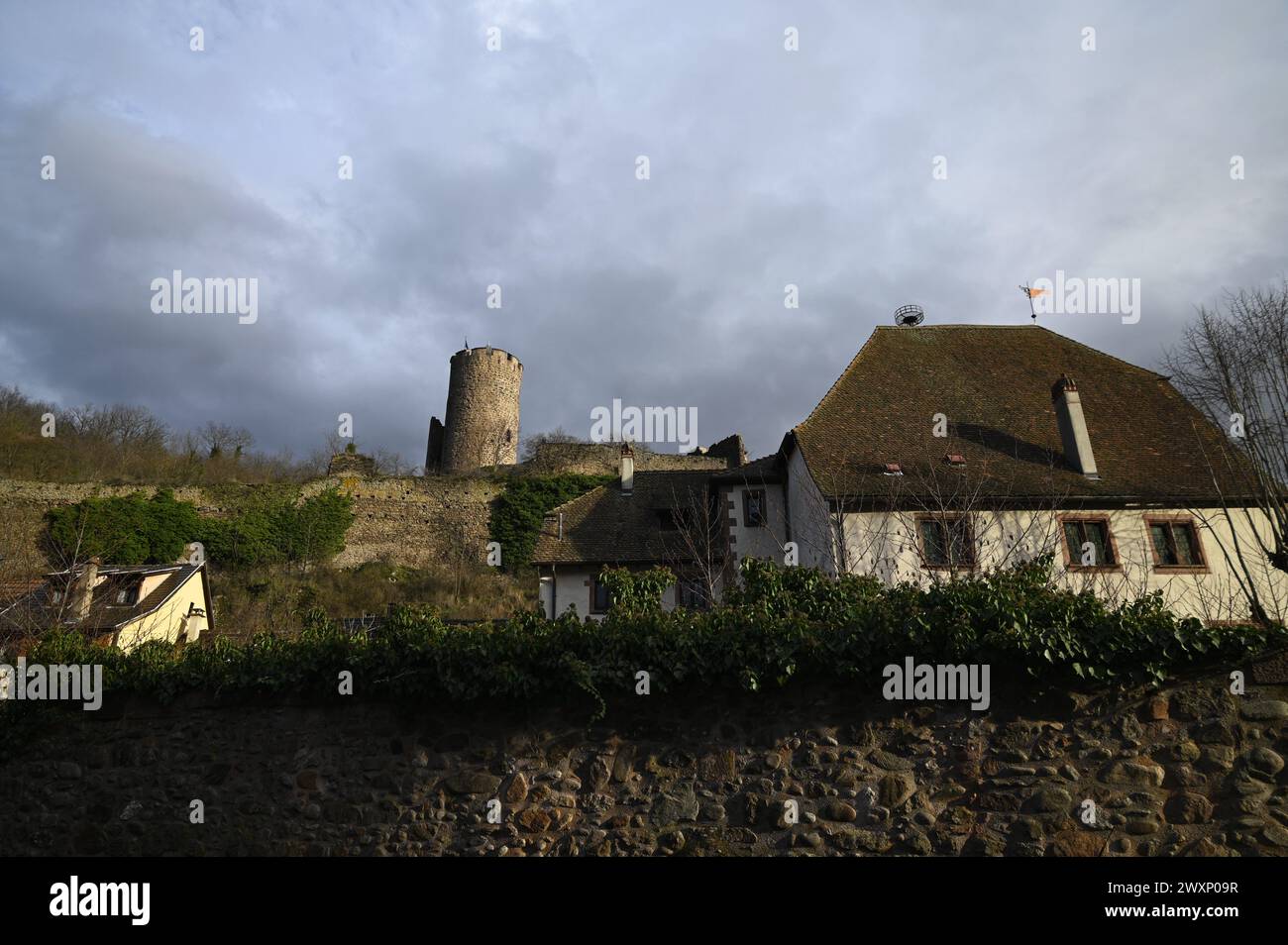 Cityscape with scenic view of Château de Kaysersberg a historic ruined ...