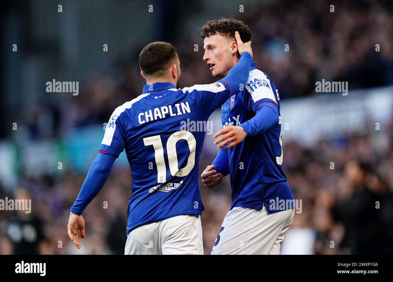 Ipswich Town's Nathan Broadhead (right) celebrates with Conor Chaplin ...