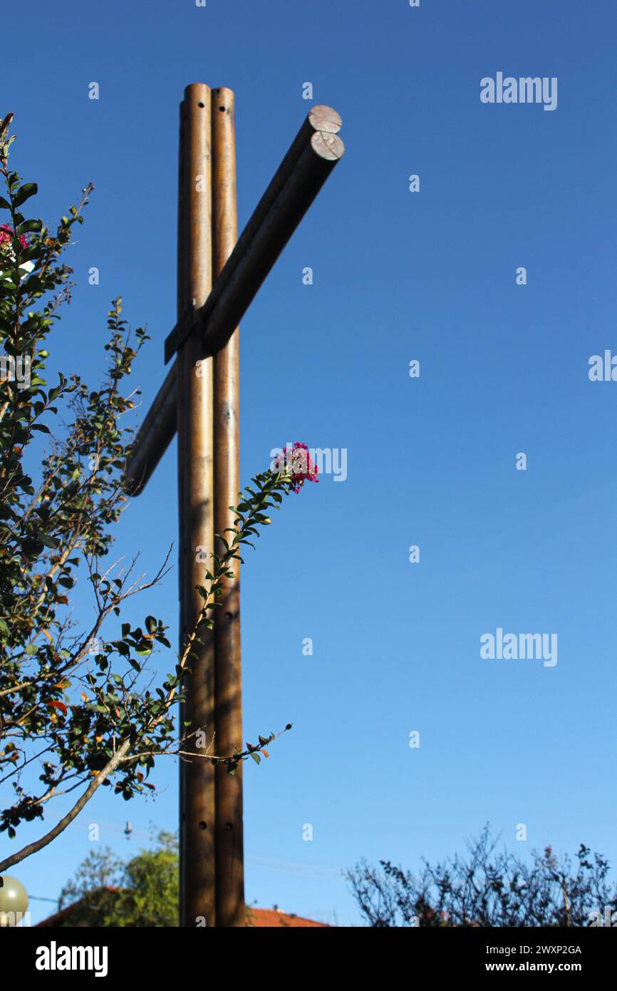 An empty wooden cross, without Christ, already resurrected, branches of ...