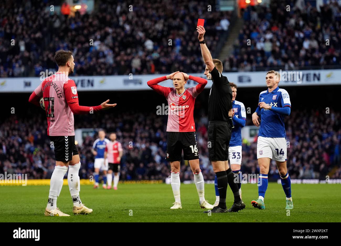 Southamptons James Bree Not Pictured Is Shown A Red Card By Referee Michael Salisbury During