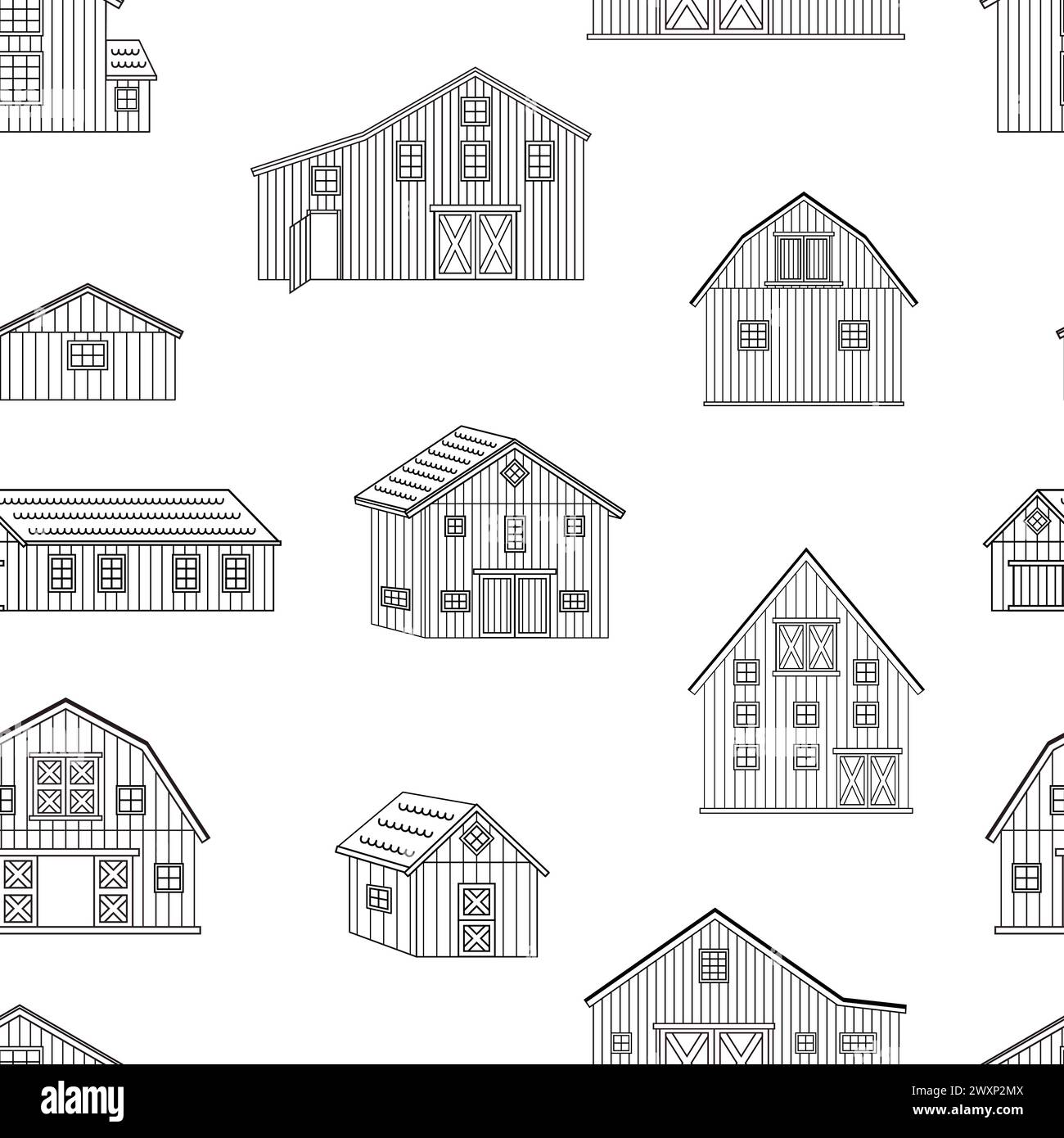 Seamless pattern of outline barns. Black white outline texture of ...