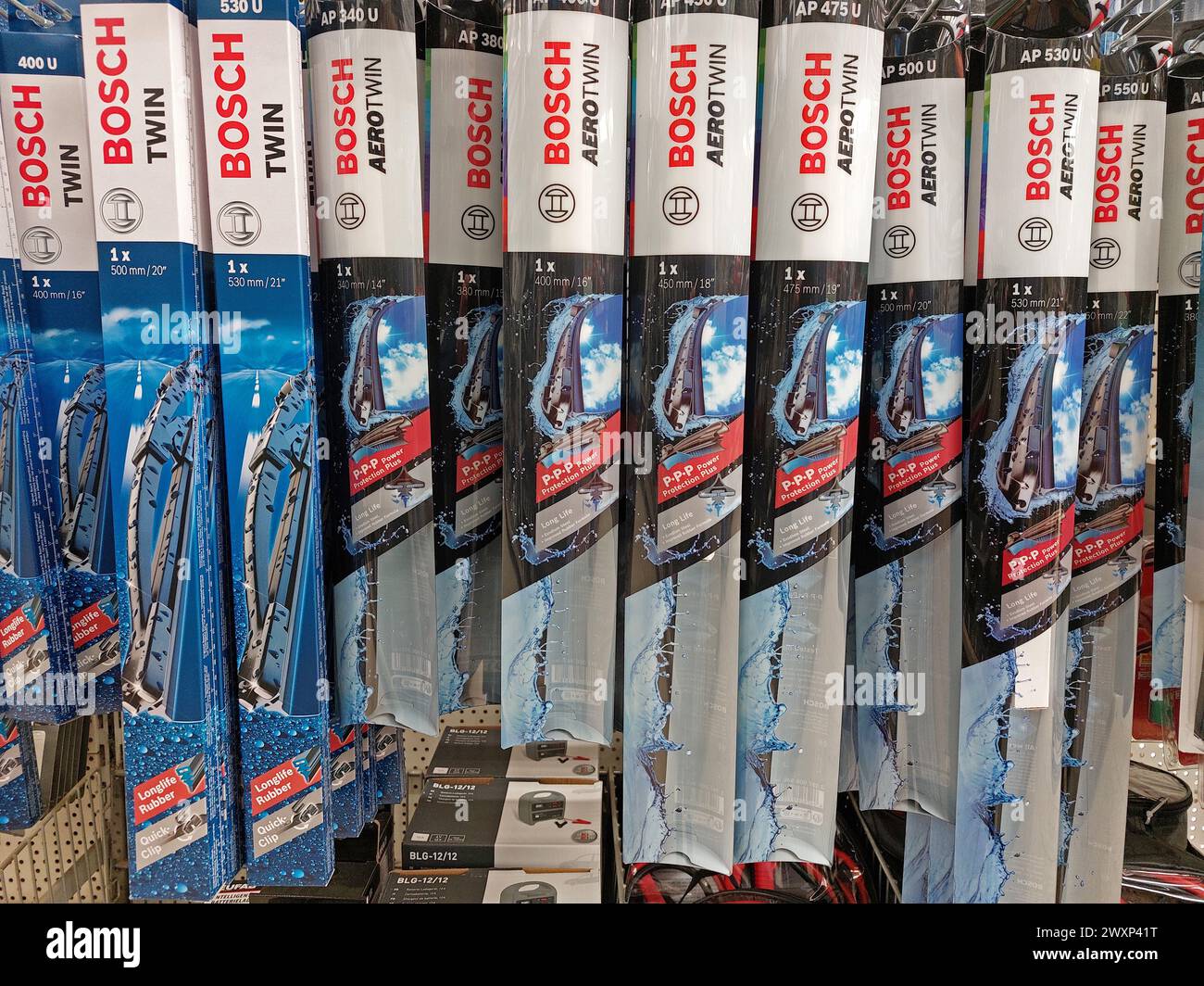 windshield wiper packages by Bosch in a hardware store Stock Photo - Alamy