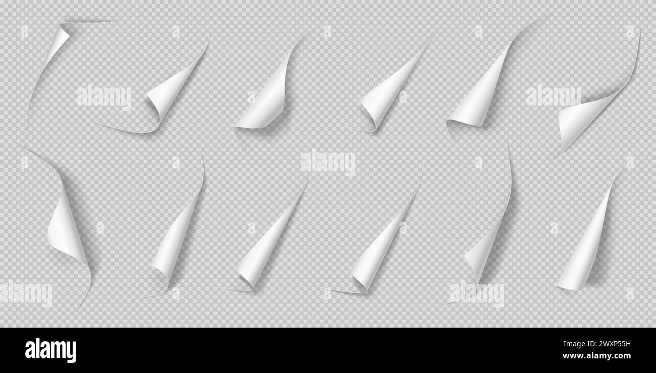 Curled paper sheets corners realistic vector illustration set. Office ...