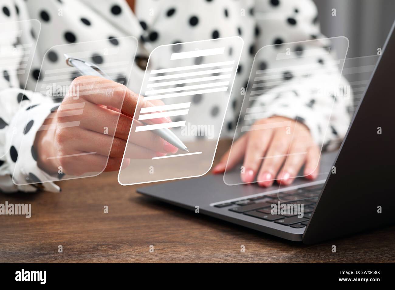 Woman signing electronic document at table, closeup. Virtual screen ...