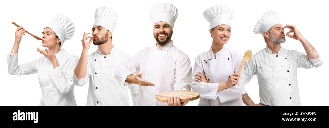 Chefs in uniforms on white background, set with photos Stock Photo - Alamy