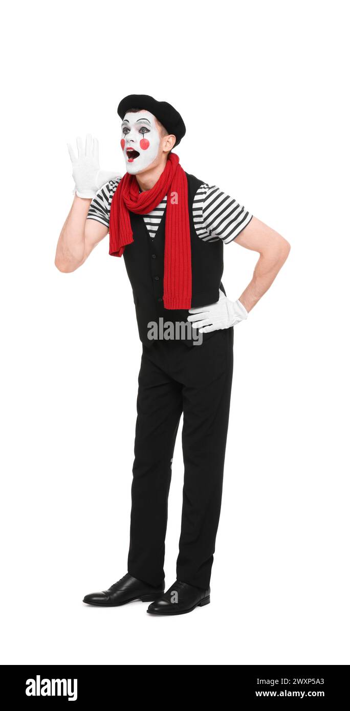 Funny mime artist in beret screaming on white background Stock Photo ...