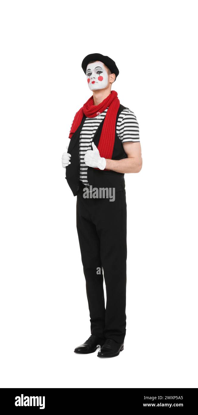 Funny mime artist in beret posing on white background Stock Photo - Alamy