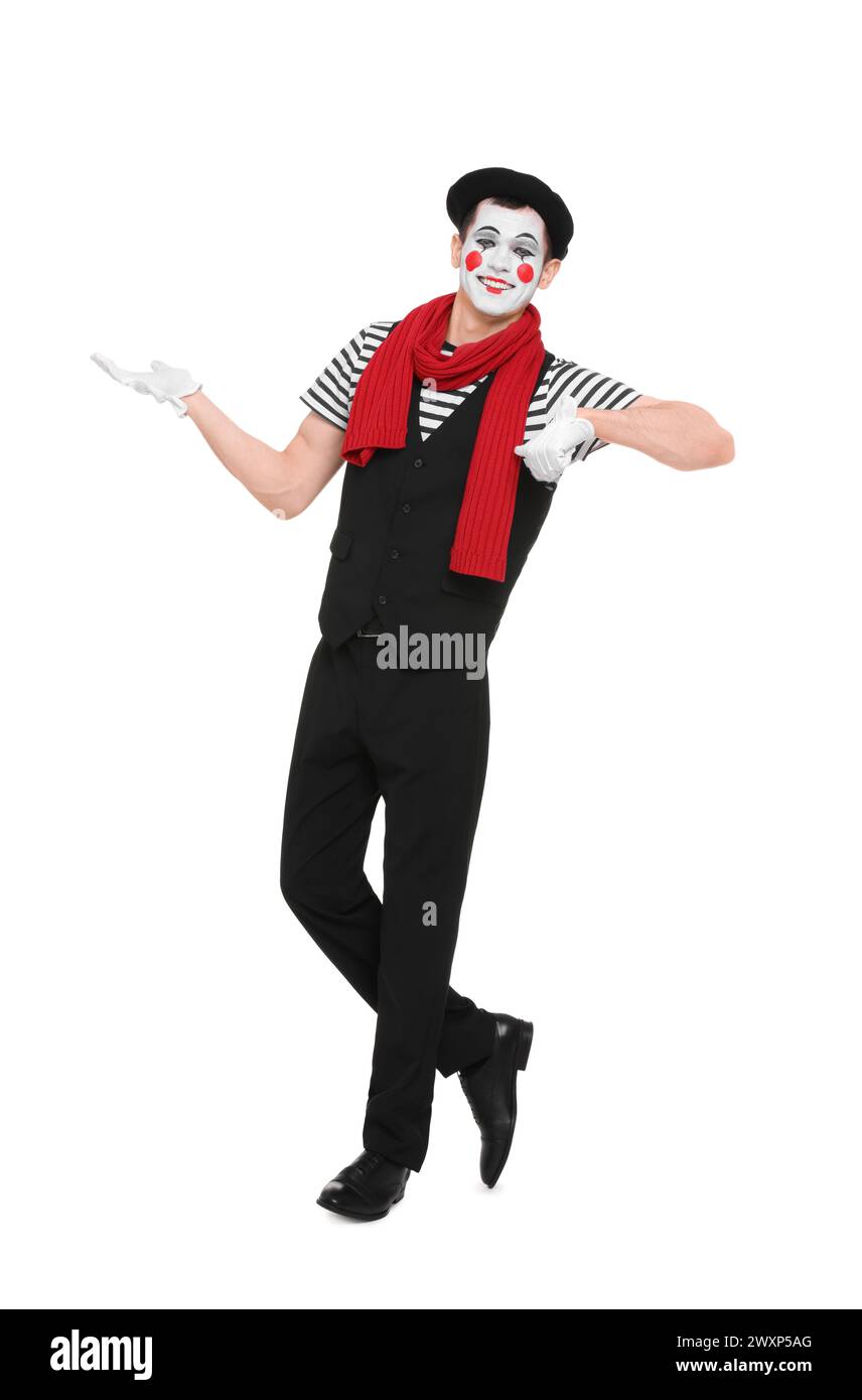Funny mime artist in beret posing on white background Stock Photo - Alamy