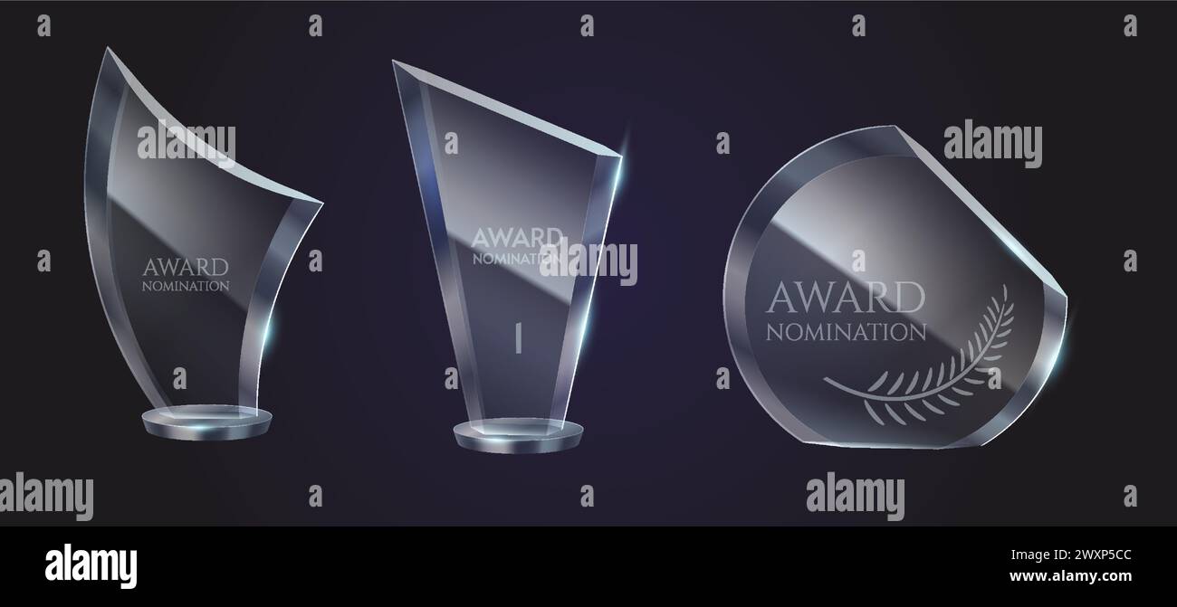 Brilliant glass trophies with engraving realistic vector illustration ...