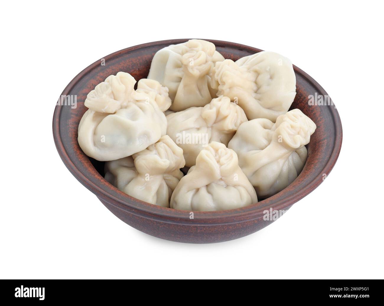 Tasty khinkali (dumplings) in bowl isolated on white. Georgian cuisine ...