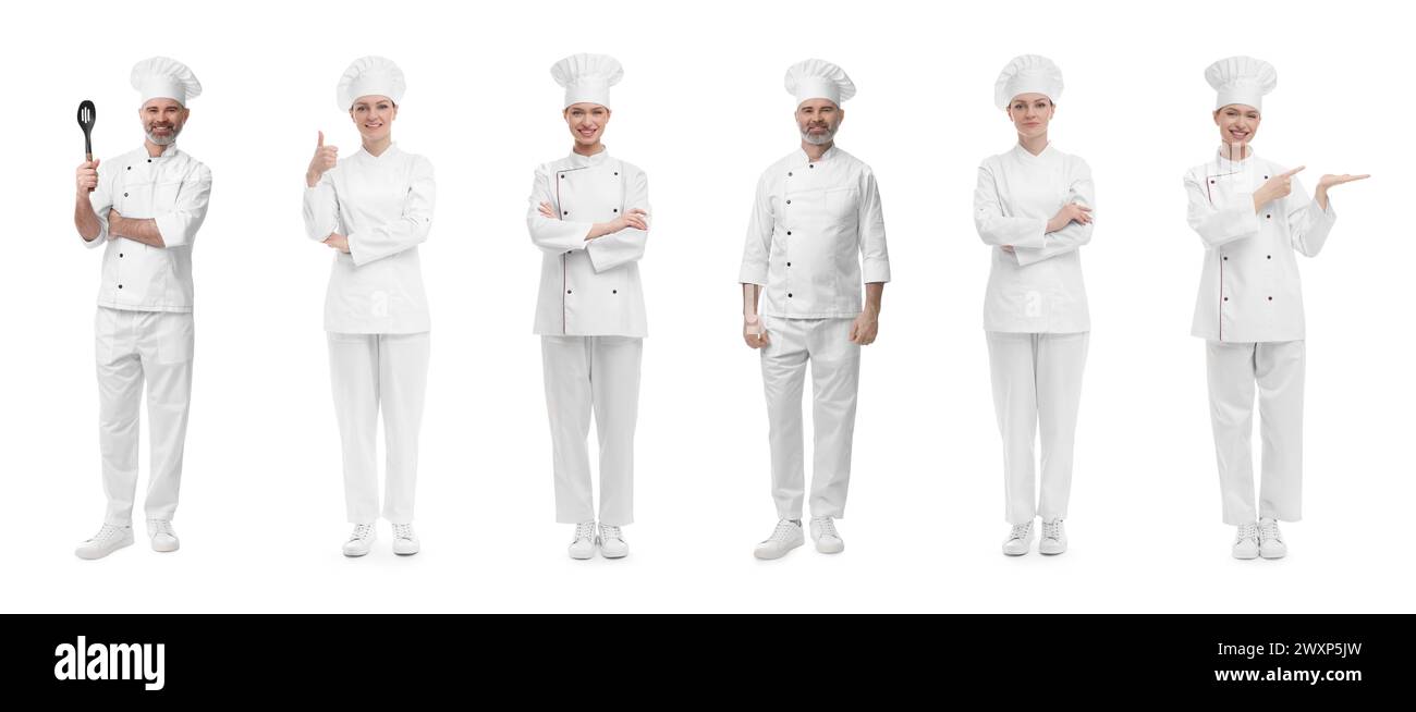 Chefs in uniforms on white background, set with photos Stock Photo - Alamy