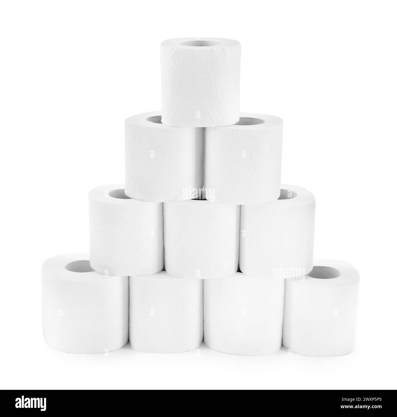 Pyramid of toilet paper rolls isolated on white Stock Photo - Alamy