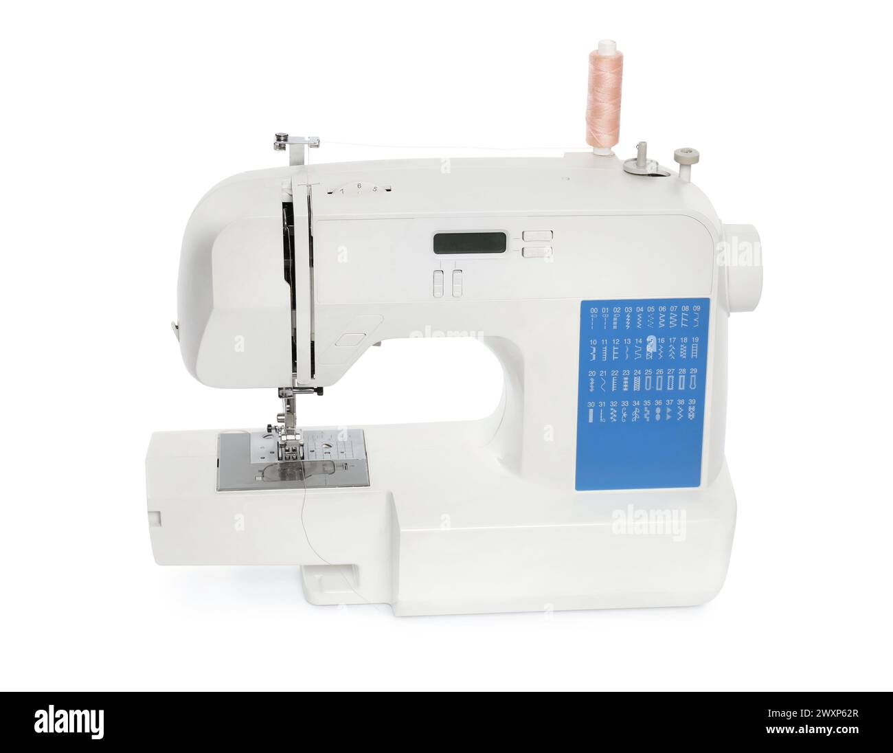 Modern sewing machine with pink thread isolated on white Stock Photo ...