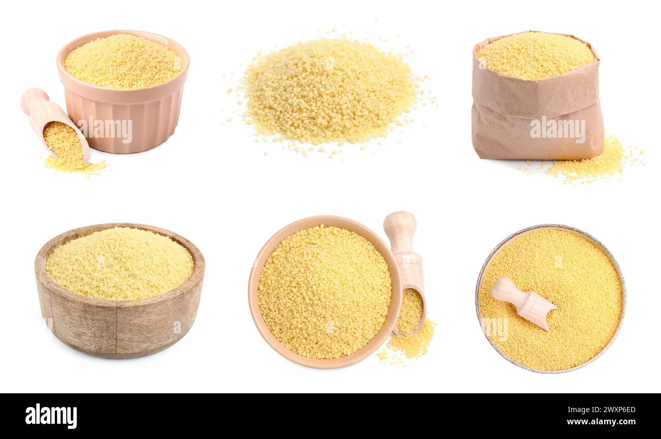 Raw dry couscous isolated on white, set Stock Photo - Alamy