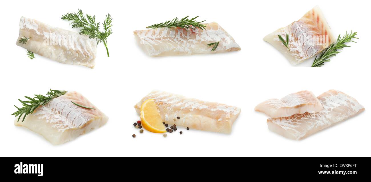 Pieces of raw cod fish isolated on white, set Stock Photo - Alamy