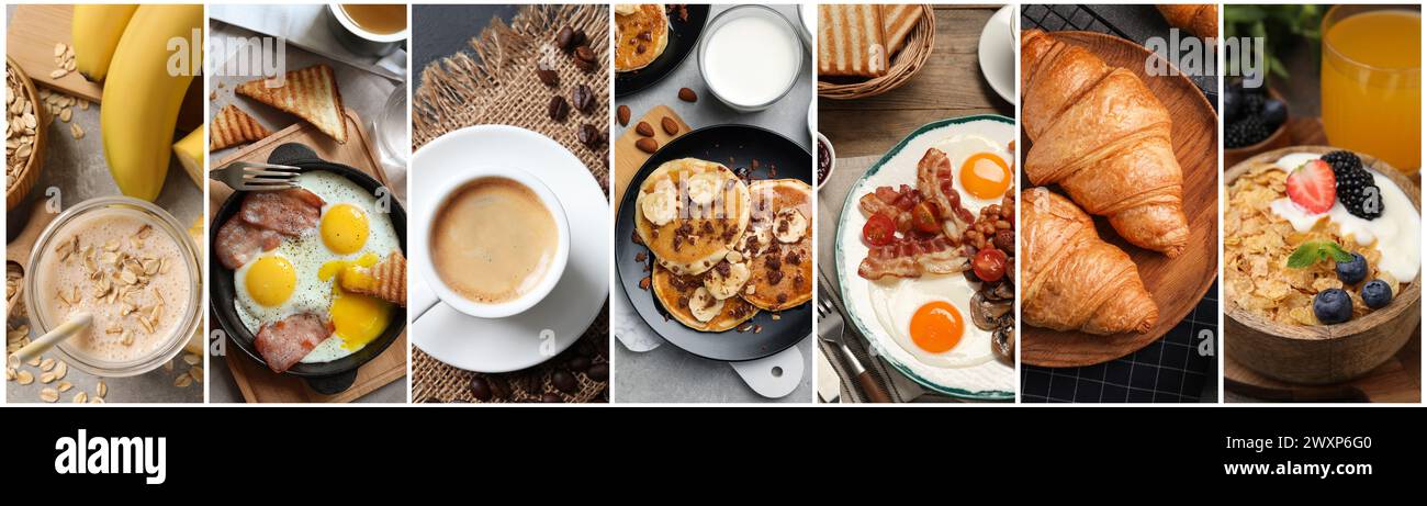 Assortment of tasty breakfasts. Collage with different meals and drinks ...