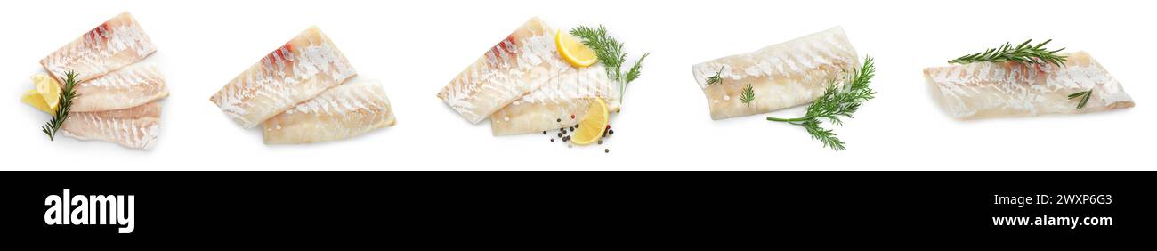 Pieces of raw cod fish isolated on white, set Stock Photo - Alamy