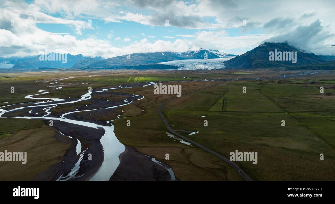 Aerial drone panorama of amazing icelandic glacier at hoffell, visible ...