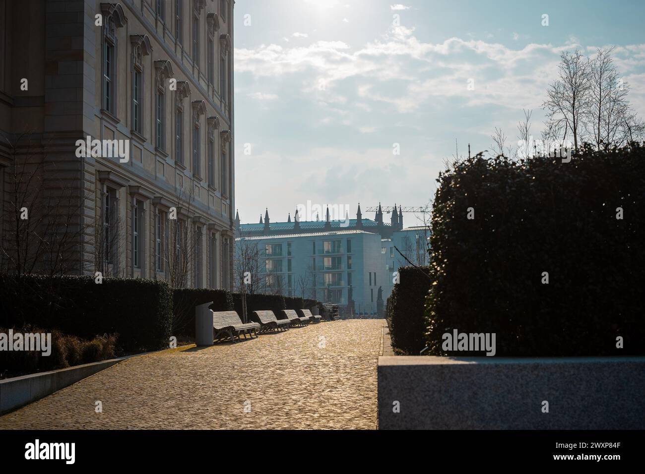 Empty wooden benches in front of a museum in berlin. Strong backlight ...