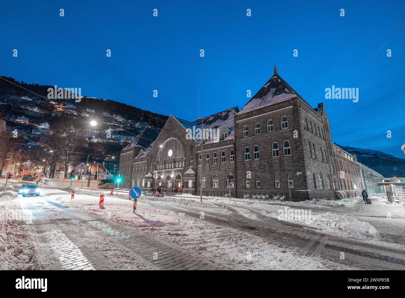 Outside view of a train station of Bergen, Norway, viewed in early ...