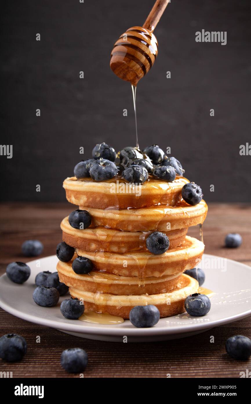 pancake, blueberry, plate, honey, berry, stack, breakfast, homemade ...