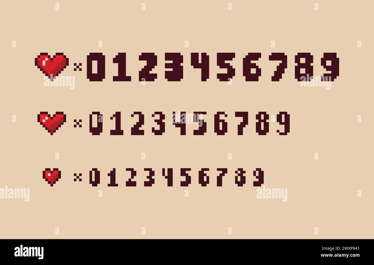 Pixel art 8-bit Arcade game elements of different size heart icons and numeric alphabet. loading ...