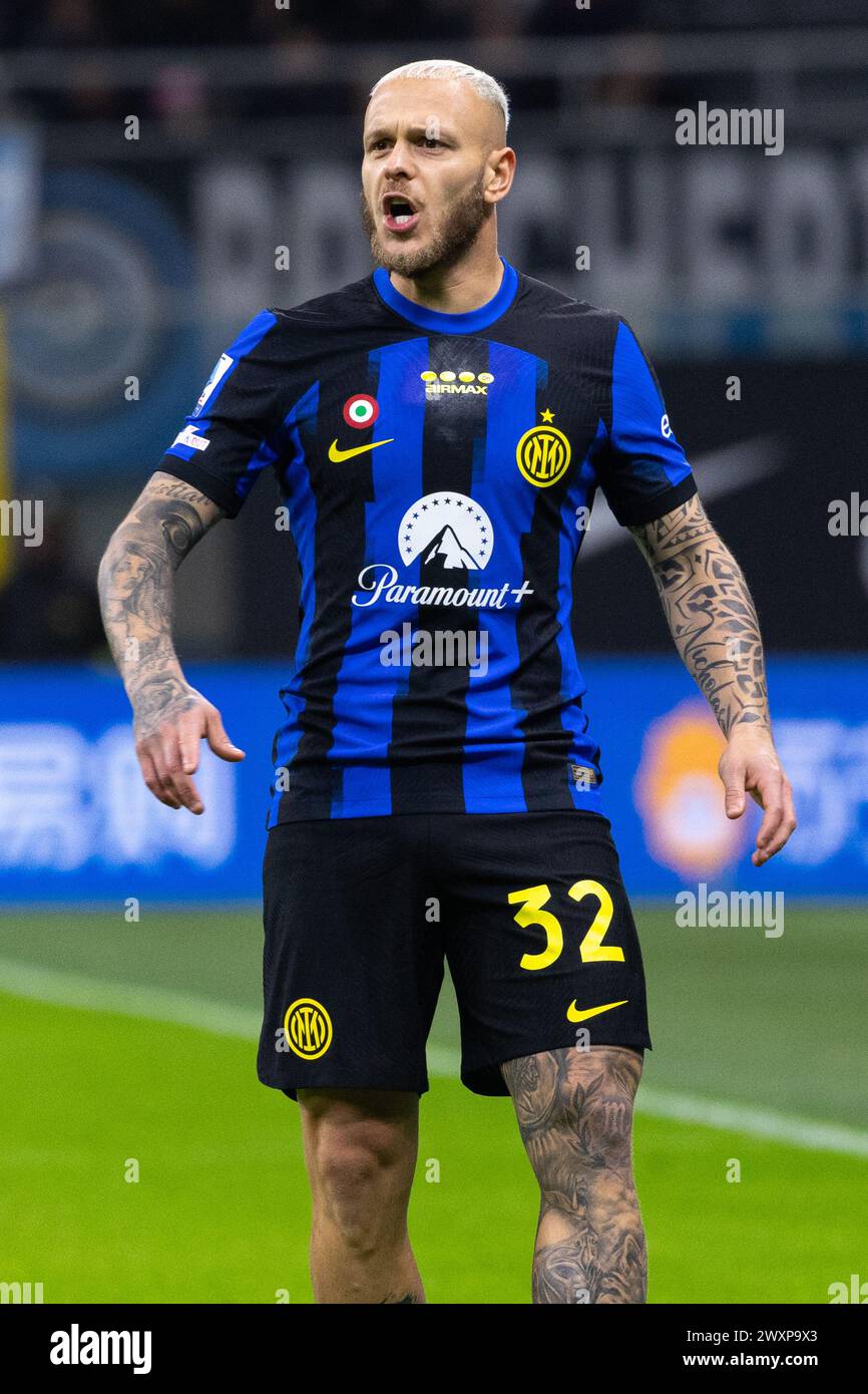 Milan, Italy. 01st Apr, 2024. Federico Dimarco in action during the Serie A football match ...