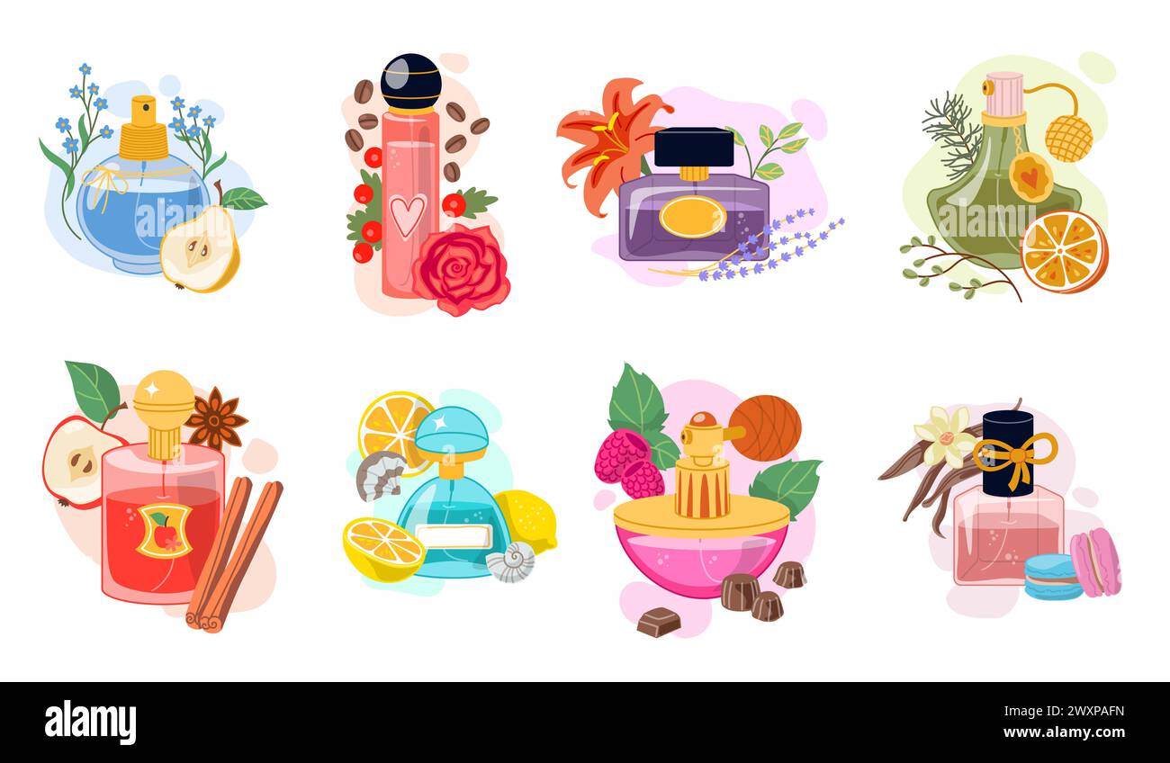 Perfume ingredients. Essential oil bottles and aromatherapy elements ...