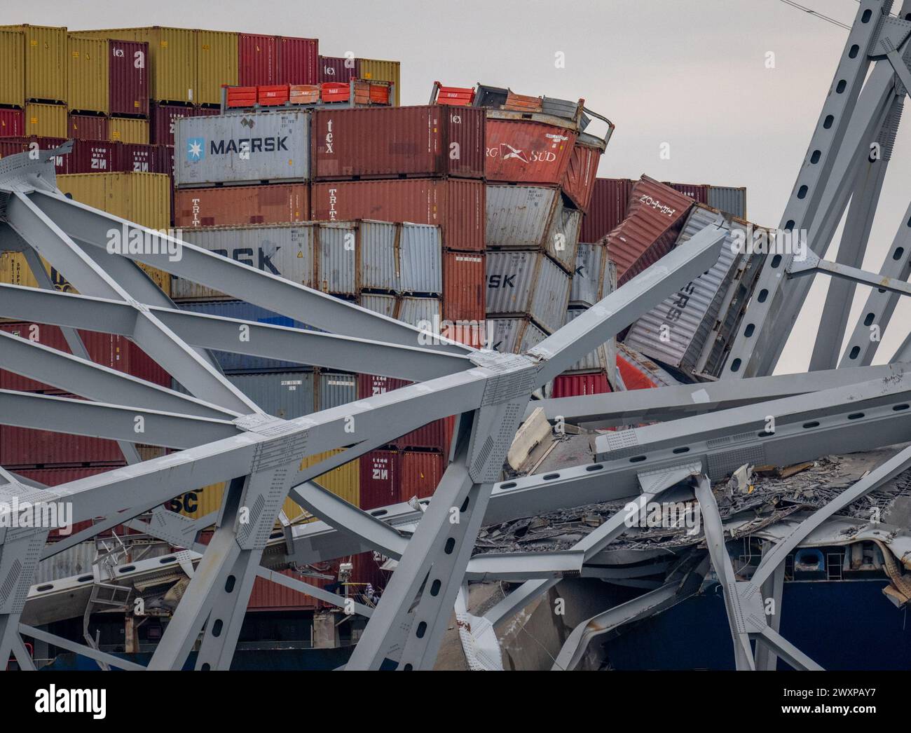 Baltimore, USA. 28th Mar, 2024. Toppled containers are seen in the ...