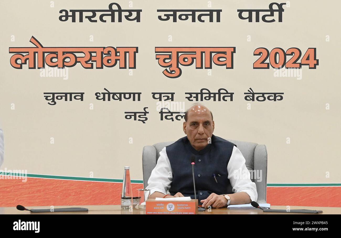 NEW DELHI, INDIA - APRIL 1: Union Defense minister Rajnath Singh chairs BJP manifesto committee ...