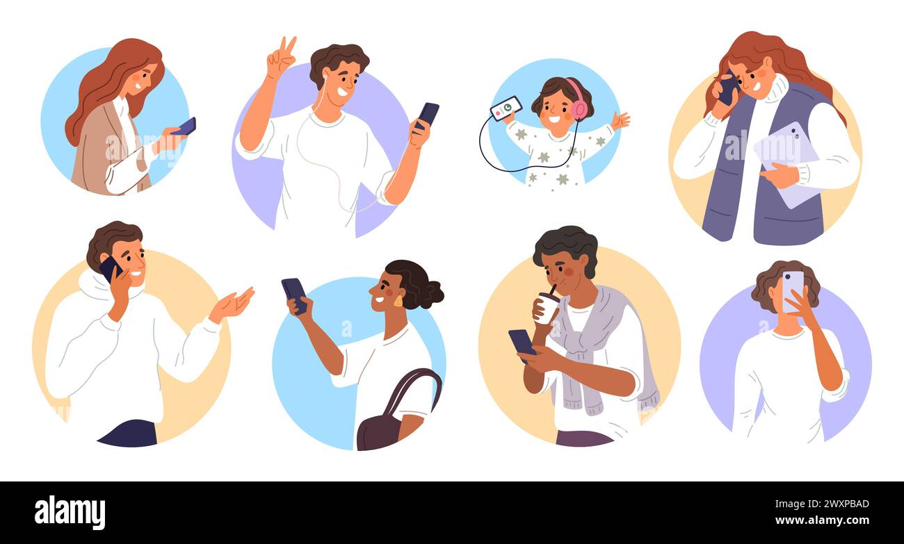 Characters talking phone. Happy people use gadgets. Woman listening to ...