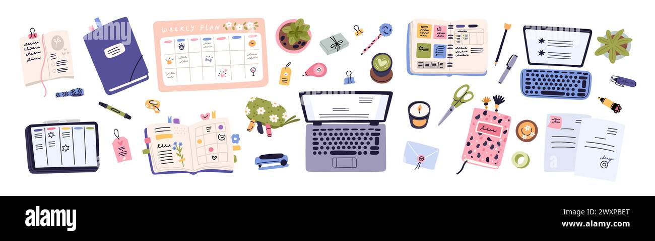 Cartoon paper notebooks. Schedules and planners. Business organizers ...