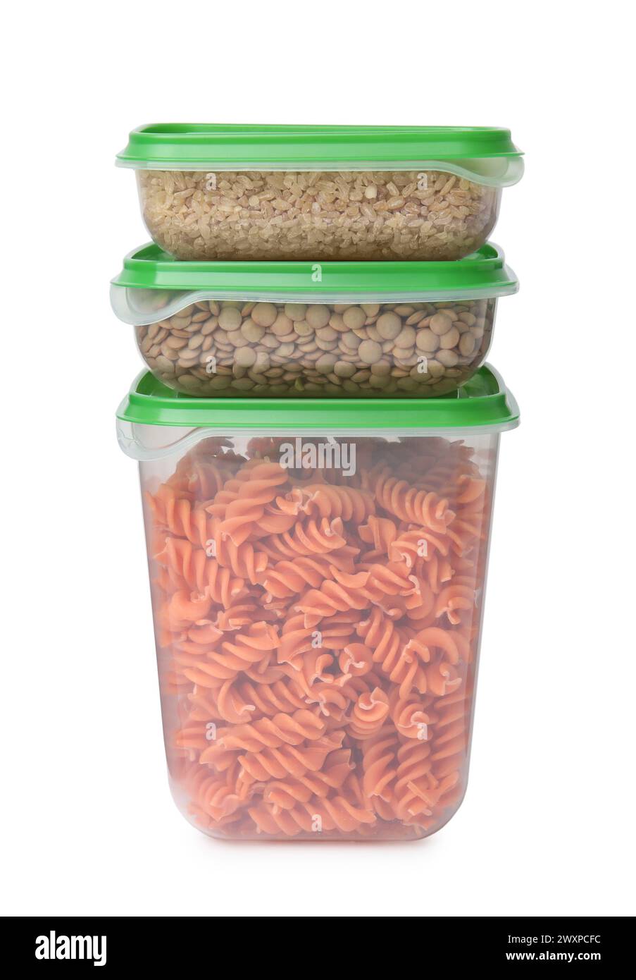 Plastic containers filled with food products isolated on white Stock ...