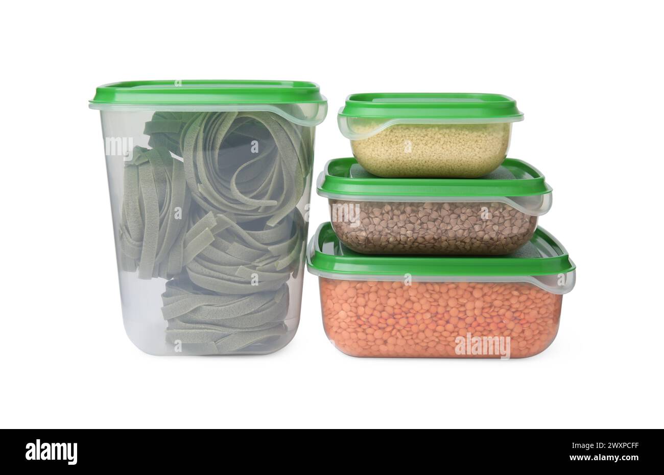 Plastic containers filled with food products isolated on white Stock ...