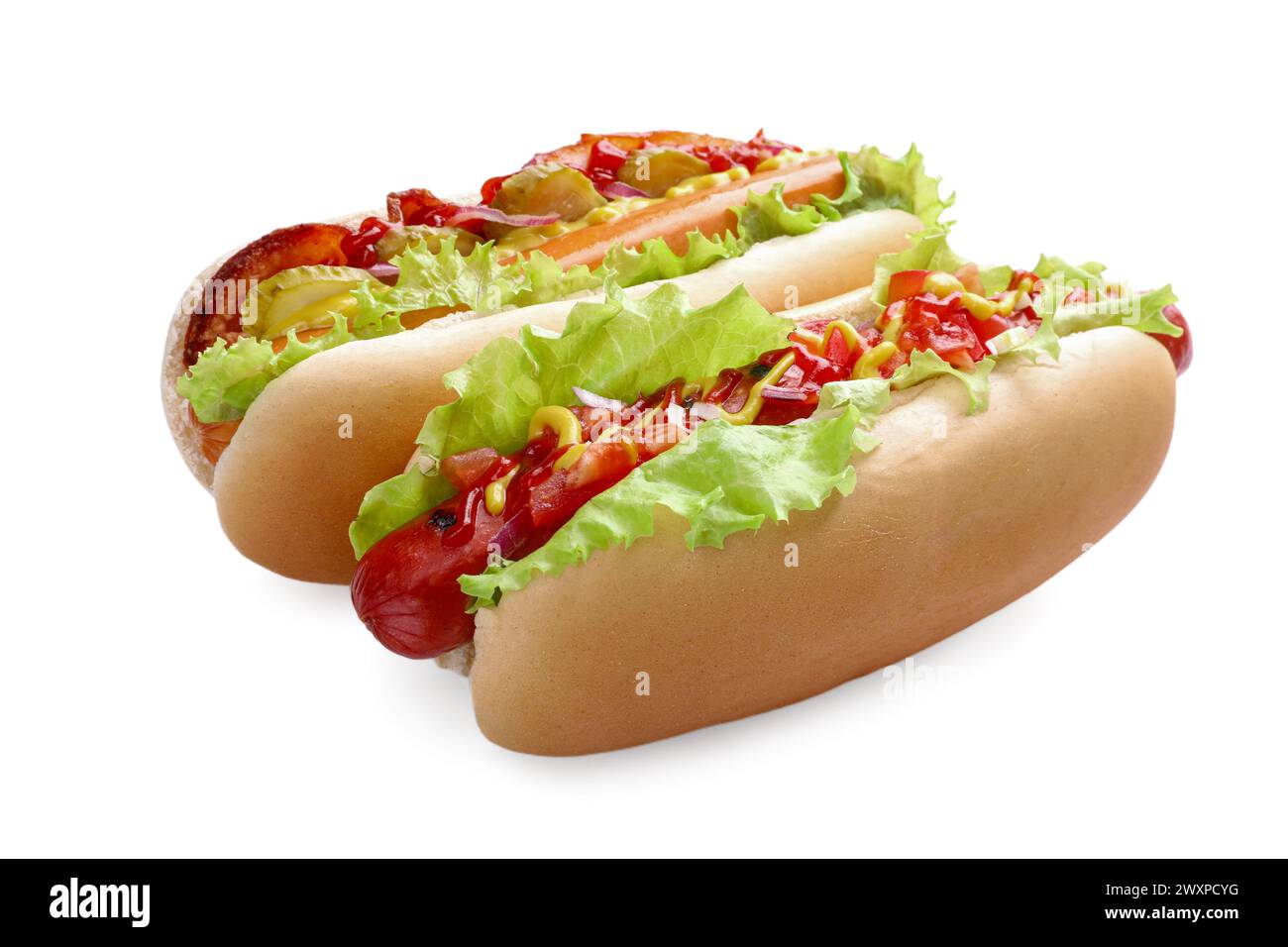 Tasty hot dogs with different toppings isolated on white Stock Photo ...