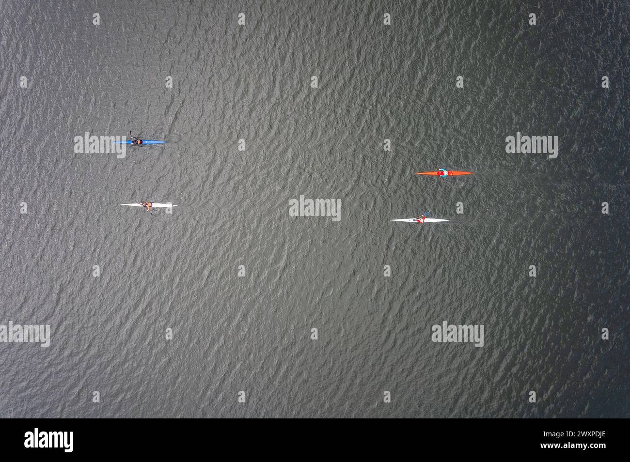 Kayaking top view. Group of kayaks rowing. Kayaks float on the river ...