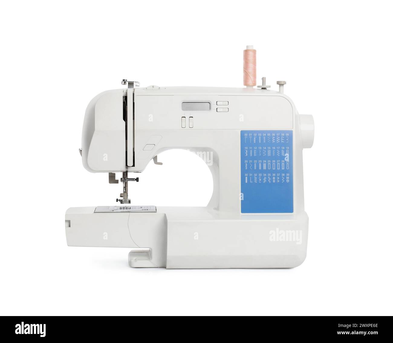 Modern sewing machine with pink thread isolated on white Stock Photo ...