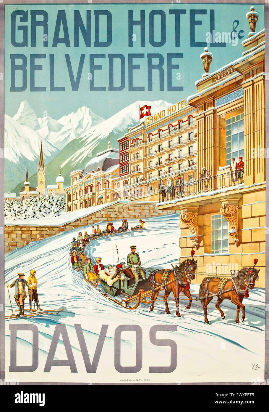 Vintage Swiss Travel Poster. Grand Hotel Belvedere, Davos, Switzerland ...