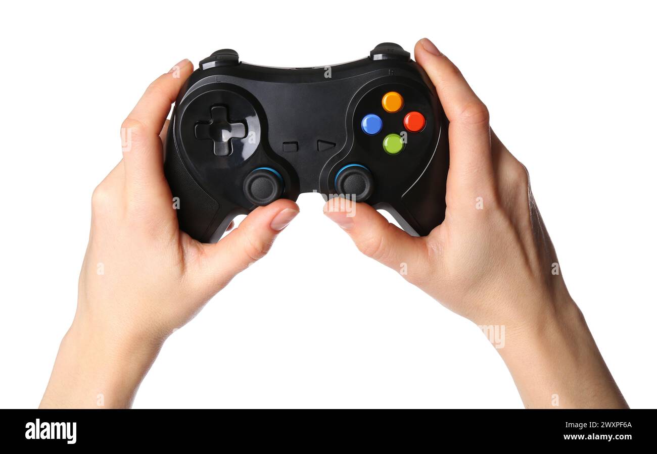 Woman using game controller on white background, closeup Stock Photo ...