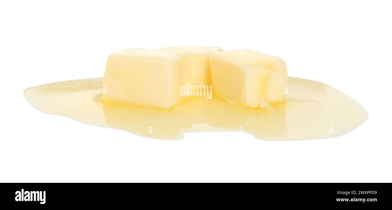 Pieces of melting butter isolated on white Stock Photo - Alamy