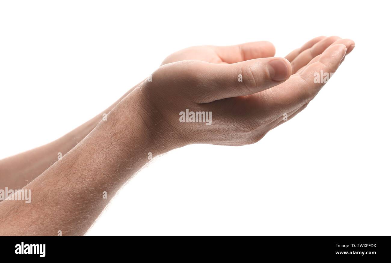 Religion. Man with open palms praying on white background, closeup ...