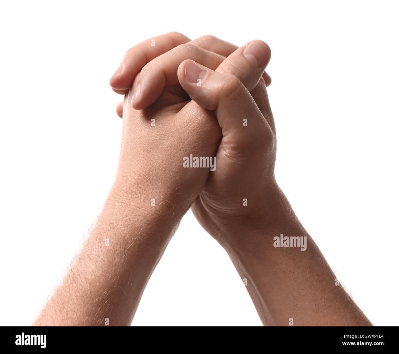 Religion. Christian man praying on white background, closeup Stock ...