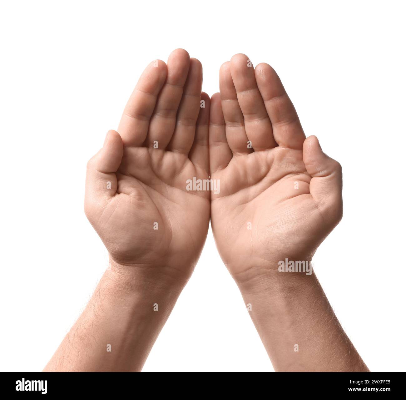 Religion. Man with open palms praying on white background, closeup ...