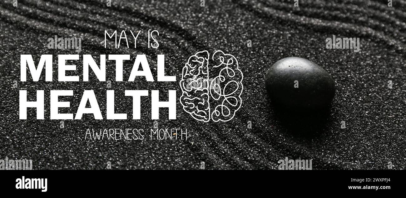 Zen stone in Japanese rock garden. Banner for Mental Health Awareness ...