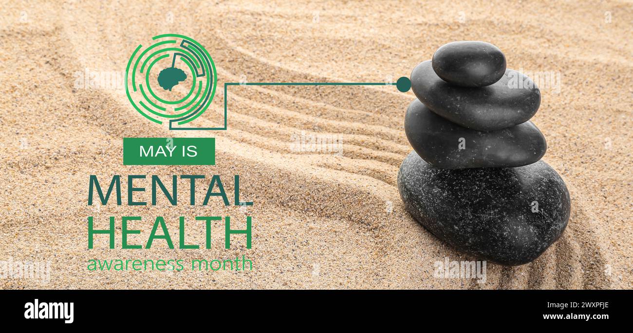 Zen stones in Japanese rock garden. Banner for Mental Health Awareness ...