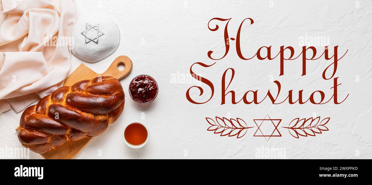 Greeting banner for Shavuot with traditional challah bread Stock Photo ...